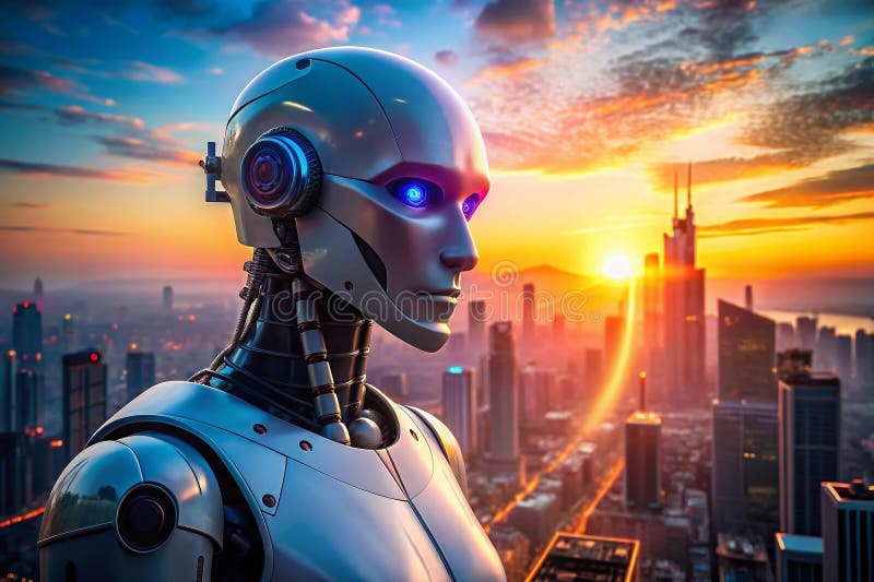 Advanced AI Humanoid Robot Interface a DronesEye View of Futuristic ...