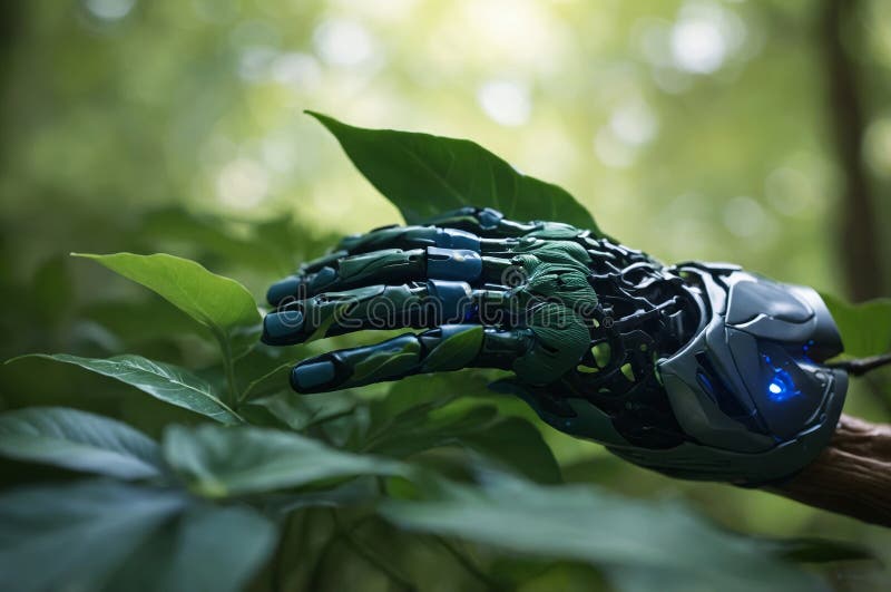 Advanced AI Prosthetic Hand Touching a Leaf in Natural Light Stock ...