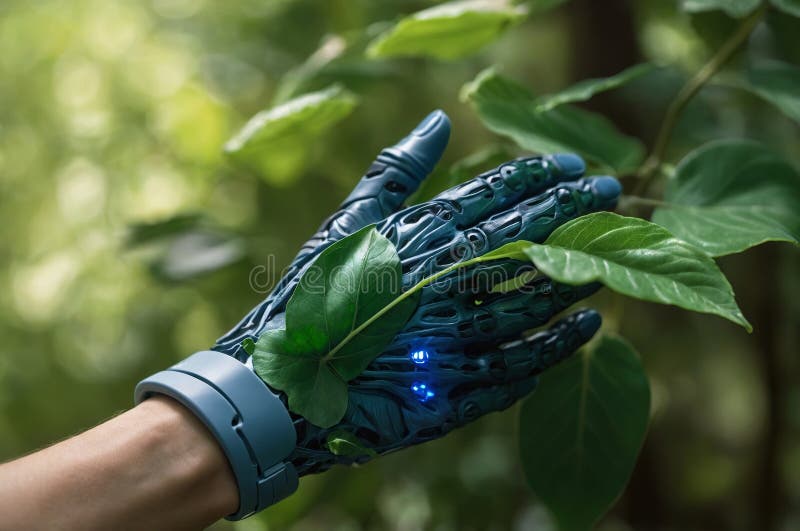 Advanced AI Prosthetic Hand Touching a Leaf in Natural Light Stock ...