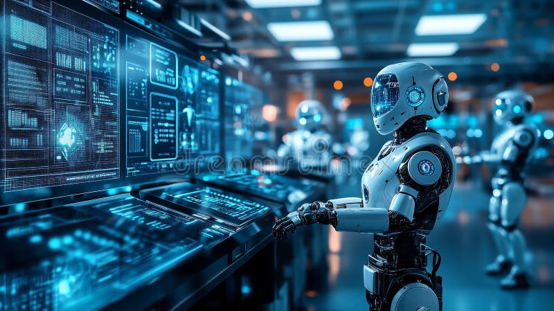 Advanced AI Robot Analyzing Data in Futuristic Control Room Stock Illustration - Illustration of ...