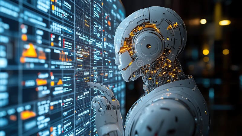 Advanced Ai Robot Analyzing Data On Futuristic Interface Stock Illustration Illustration Of
