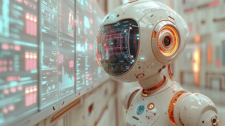 Advanced AI Robot Observing Digital Information Panels Stock ...