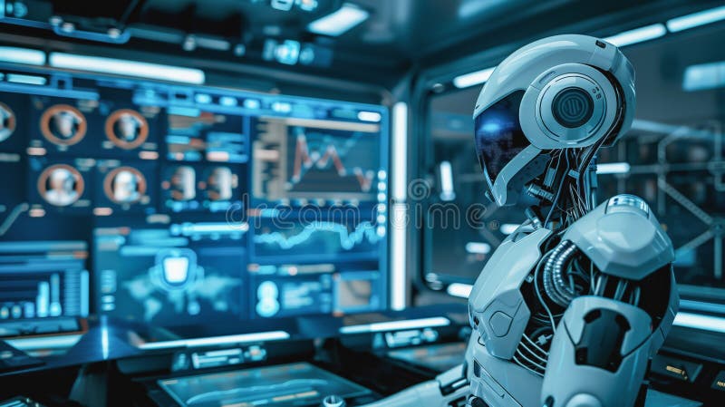 An Advanced AI Robot Operates in a Futuristic Control Center with Data ...