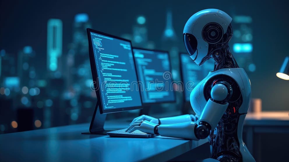 Advanced Ai Robot Programming Software Code on Computer in Futuristic ...