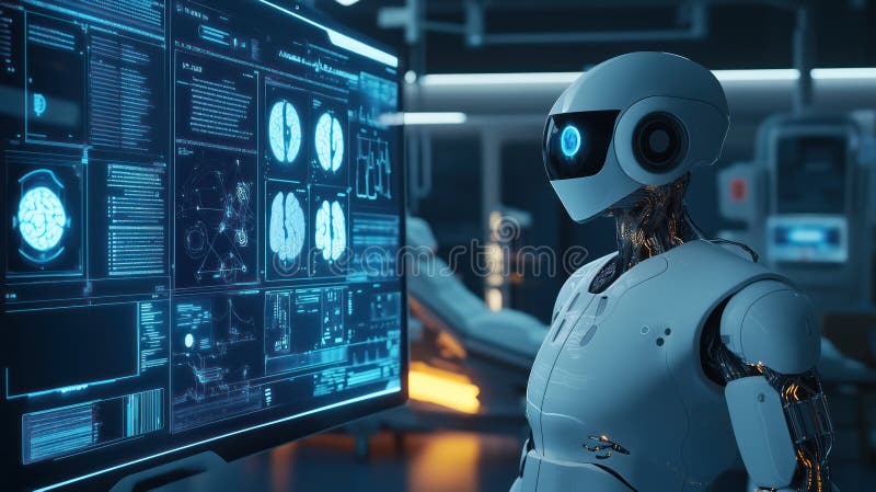 Advanced AI Robot Studying Brain Scans on Futuristic Medical Interface ...