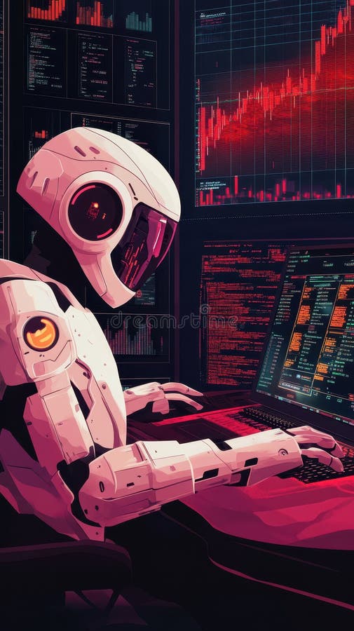 Advanced AI Robot Working with Financial Software in a Tech Hub Stock ...