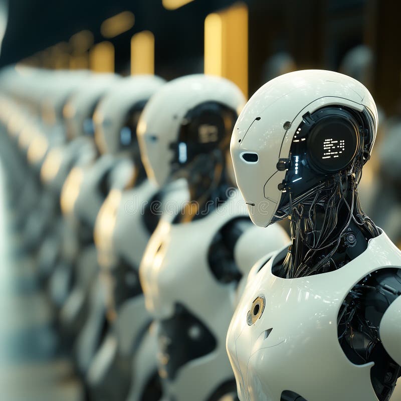 Advanced AI Robots in a Futuristic Production Line Stock Illustration ...