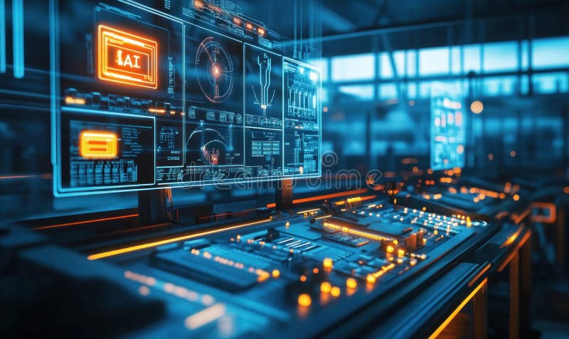 Futuristic Control Panel Managing Smart Manufacturing Process in Modern ...