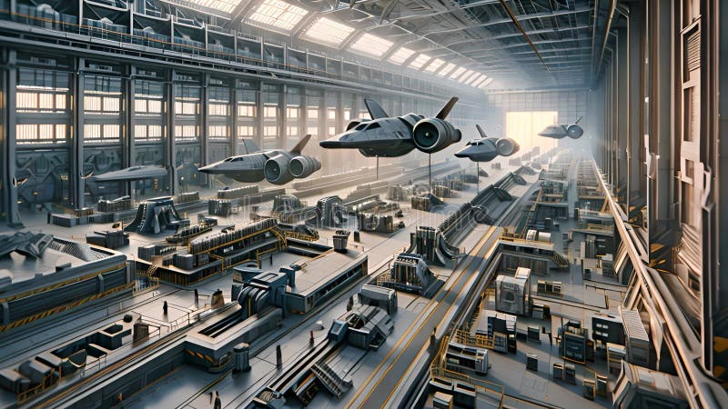 Advanced Aircraft Production Facility Interior with Stealth Jets Under ...