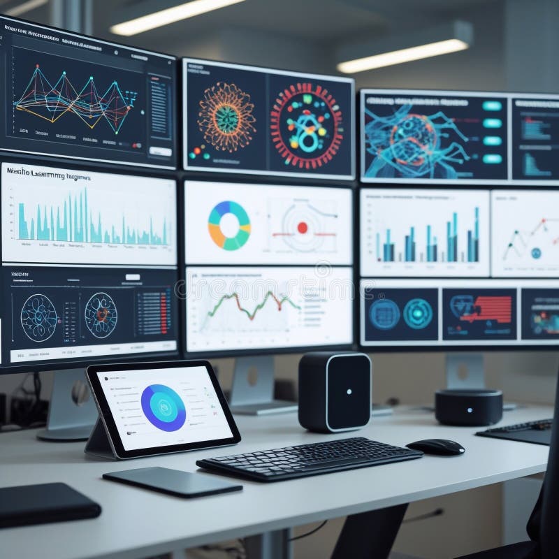 Advanced Analytics Setup: Multiple Screens for Data Visualization Insights. Stock Image - Image ...