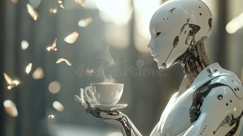 Advanced Android Holds a Virtual Cup of Coffee in a Futuristic ...