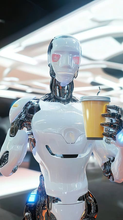 Advanced Android Holds a Virtual Cup of Coffee in a Futuristic ...