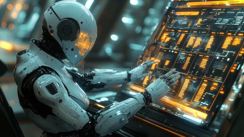 An Advanced Android Interacts with a Glowing Control Panel at a Sleek ...