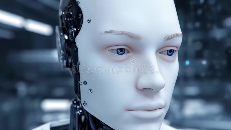 Sophisticated Humanoid Robot with a White Face and Vivid Blue Eyes ...
