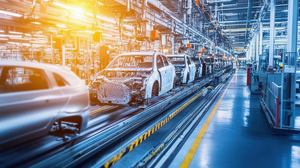 Advanced Assembly Line Operates with Vehicles in Various Stages of ...