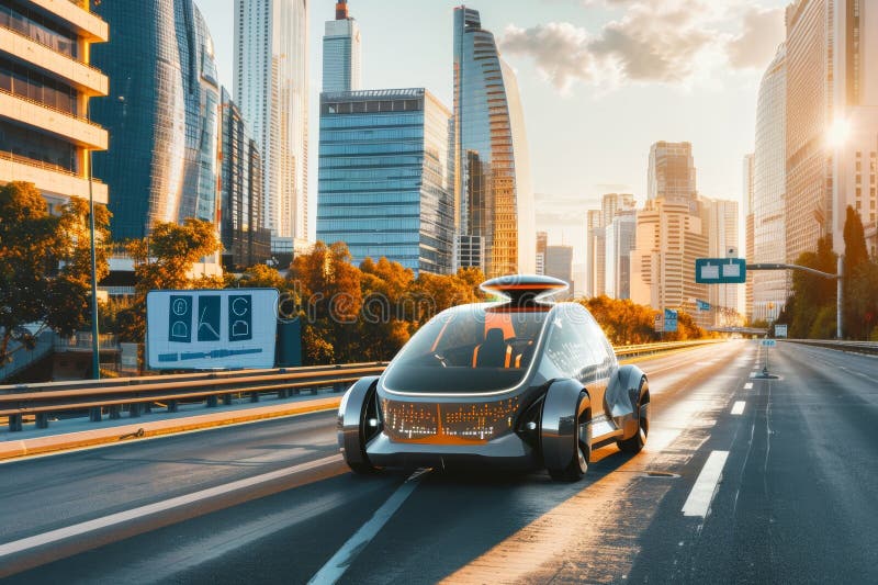 Advanced Autonomous Car on Urban Road Under Sunny Sky, Emphasizing ...