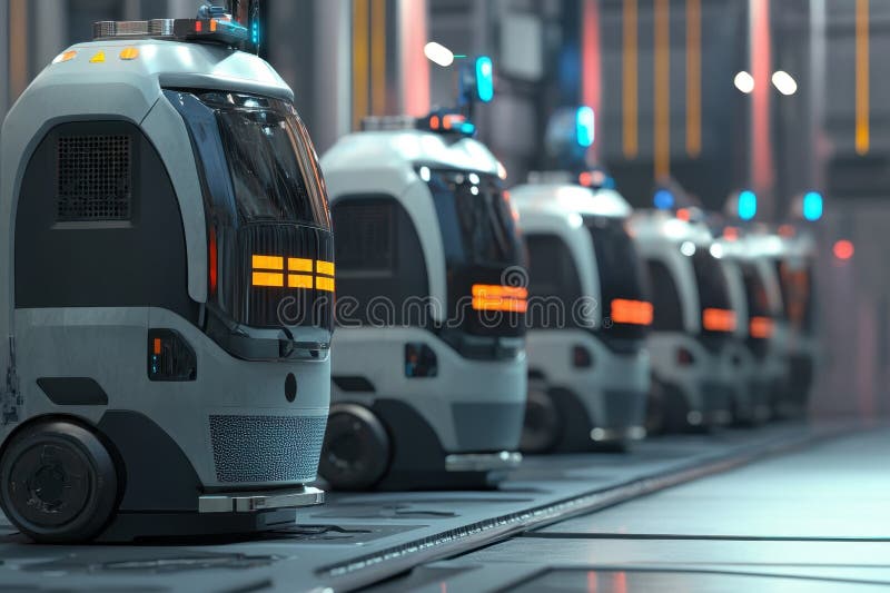 Advanced Autonomous Delivery Robots Lined Up in a Modern Distribution ...