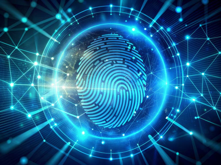 Advanced Biometric Authentication System with a Fingerprint Scan on a Futuristic Digital Screen ...