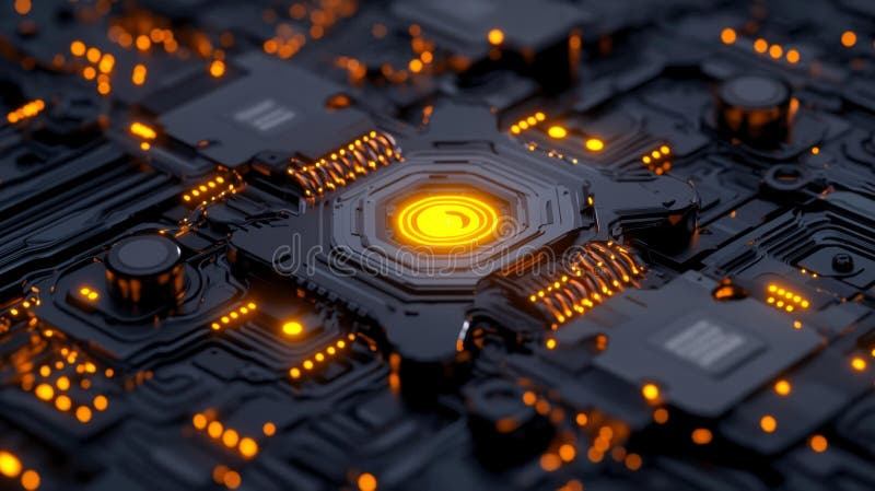 Advanced Black Circuit Board with Radiating Orange Center Stock ...