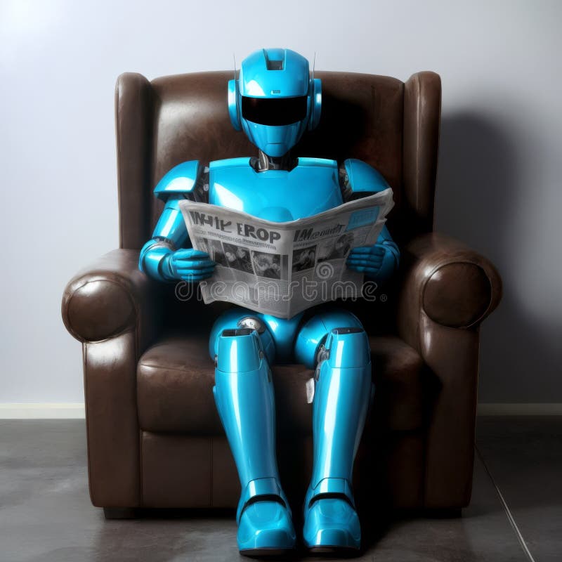 Advanced Blue Robot Reading a Newspaper on Leather Chair Stock Image ...