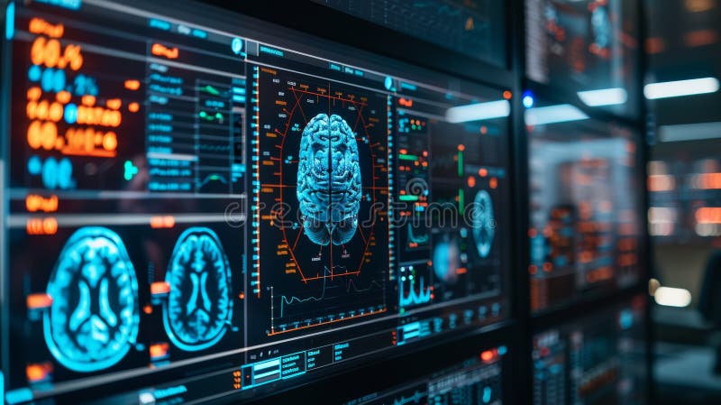 Advanced Brain Scan Analysis on Multiple Computer Monitors in a High-tech Medical Research ...
