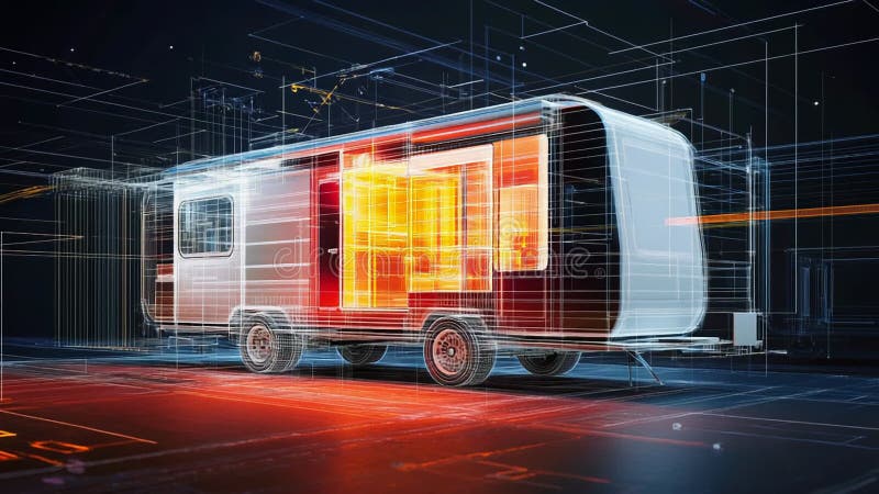 Futuristic Wireframe Camper Trailer Showing Interior Design and ...