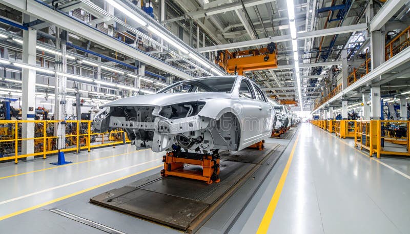 Advanced Car Manufacturing: Silver Chassis on a Streamlined Assembly ...