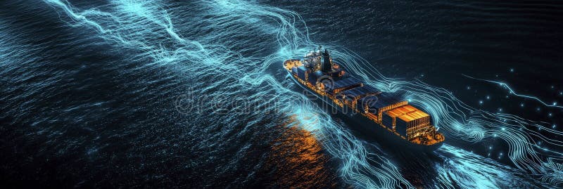 Advanced Cargo Ship with Blue Digital Sea Network Stock Illustration ...