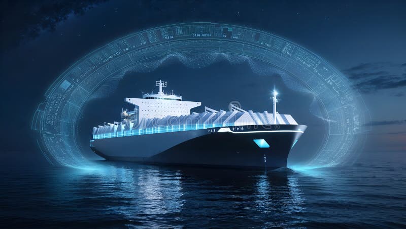 Advanced Cargo Ship Illuminated at Night, Showcasing Futuristic Design ...