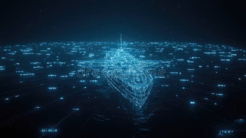 An Advanced Cargo Ship Made from Digital Lines Traverses the Ocean ...