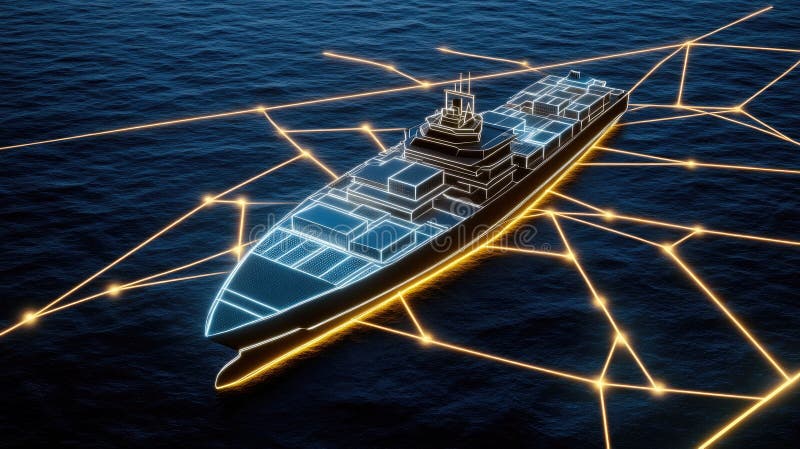 An Advanced Cargo Ship Made from Digital Lines Traverses the Ocean ...