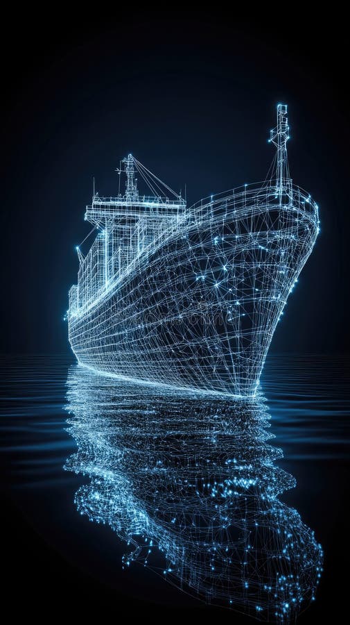 An Advanced Cargo Ship Made from Digital Lines Traverses the Ocean ...