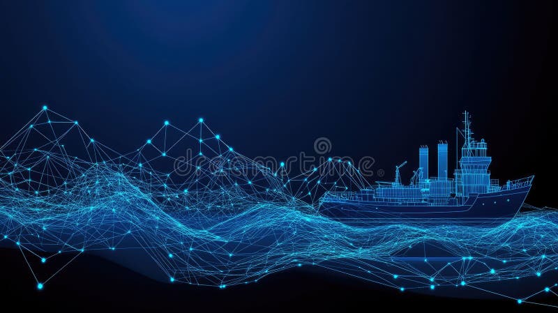 An Advanced Cargo Ship Made from Digital Lines Traverses the Ocean ...