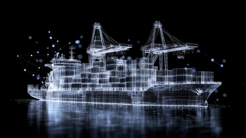 An Advanced Cargo Ship Made from Digital Lines Traverses the Ocean ...