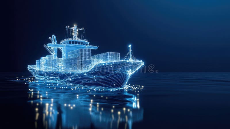 An Advanced Cargo Ship Made from Digital Lines Traverses the Ocean ...