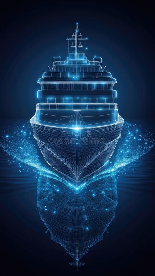 An Advanced Cargo Ship Made from Digital Lines Traverses the Ocean ...