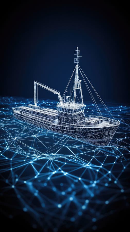 An Advanced Cargo Ship Made from Digital Lines Traverses the Ocean ...