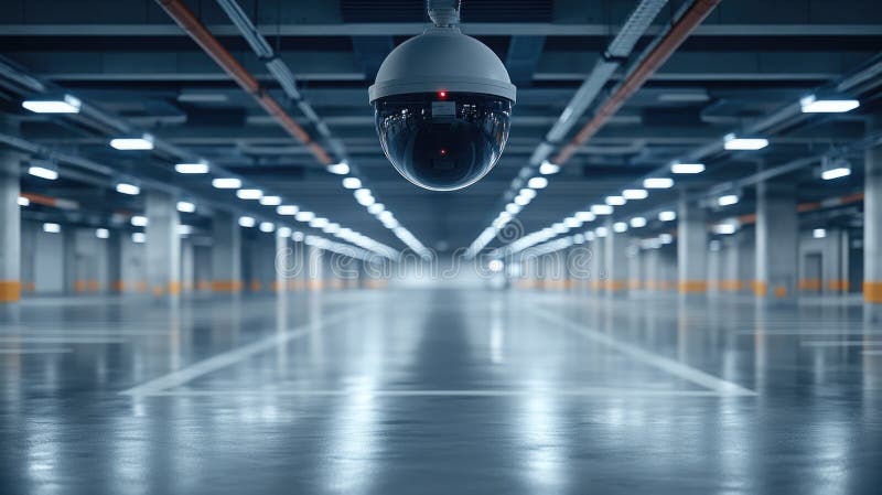 Advanced Cctv Camera in Empty Underground Parking Garage with Bright ...