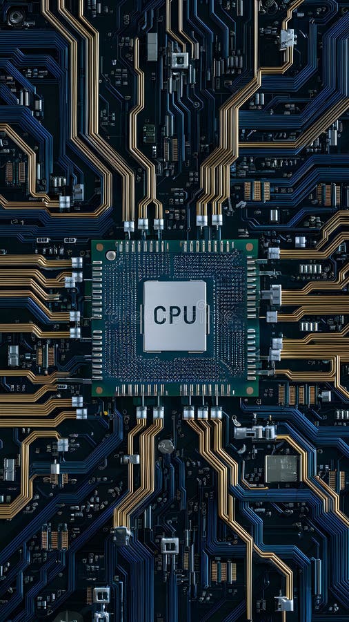 Advanced Circuit Board with CPU and Intricate Components, Golden Blue ...