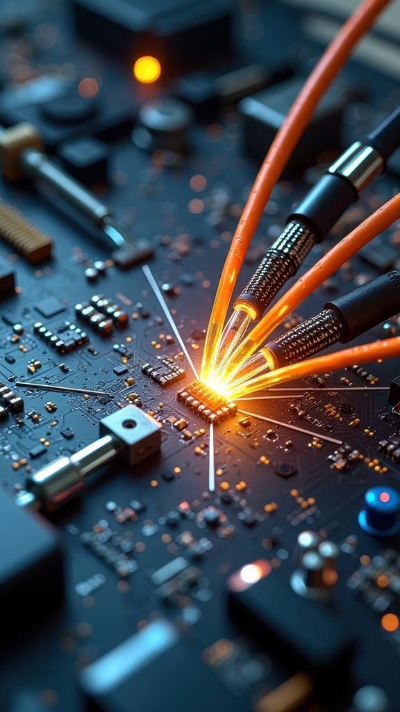 Advanced Circuit Board with Fiber Optic Cables and Microchips in Modern ...