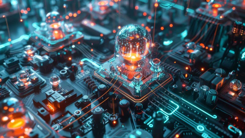 Advanced Circuit Board with Glowing Components and Pathways at Night ...