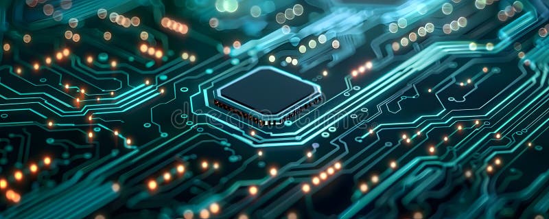 Advanced Circuit Board with Glowing Microchip Stock Illustration ...