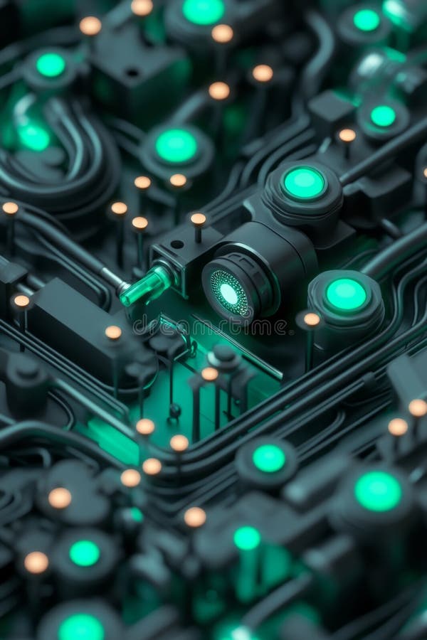 Advanced Circuitry Features Glowing Green Elements, Symbolizing the ...