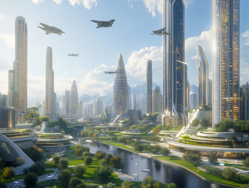 Futuristic Park Surrounded by Tall Innovative City Skyscrapers Stock ...