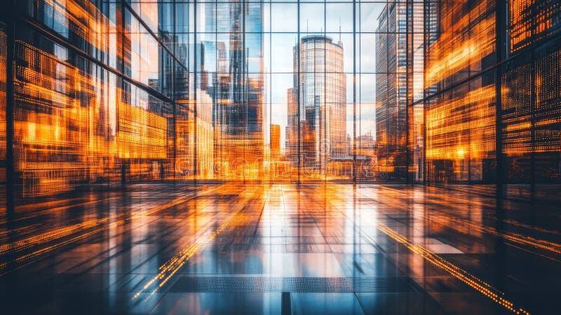 An Advanced City Skyline, Glowing with Data Streams and Reflections ...