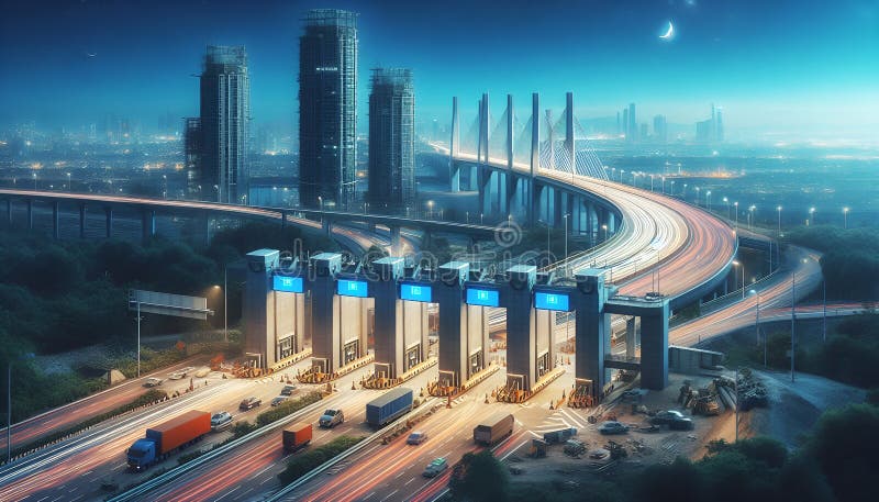 Advanced City Toll Booth with Night Lighting Stock Illustration ...
