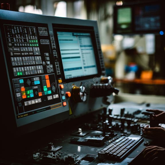 Advanced Cnc Machine Control Panel with Multiple Digital Screens Showing Complex Data and Graphs ...