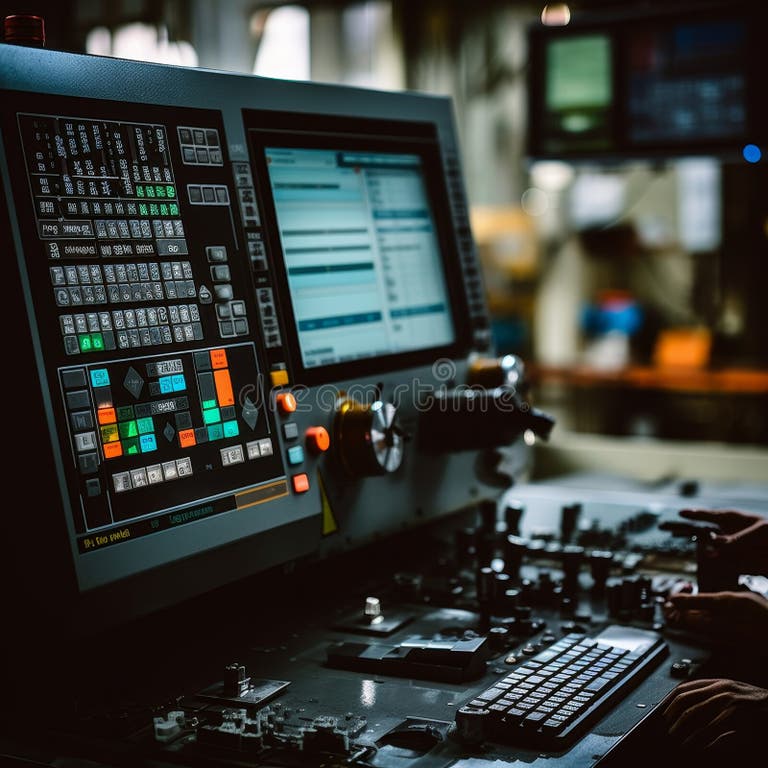 Advanced Cnc Machine Control Panel with Multiple Digital Screens Showing Complex Data and Graphs ...