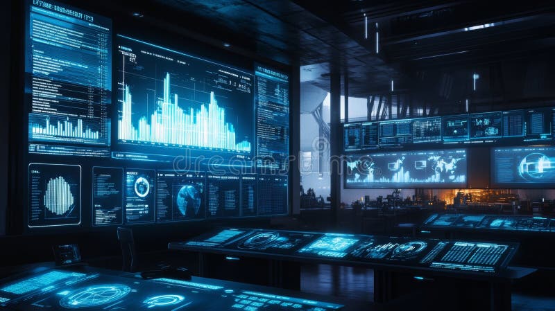 An Advanced Command Center Equipped with Holographic Monitors ...