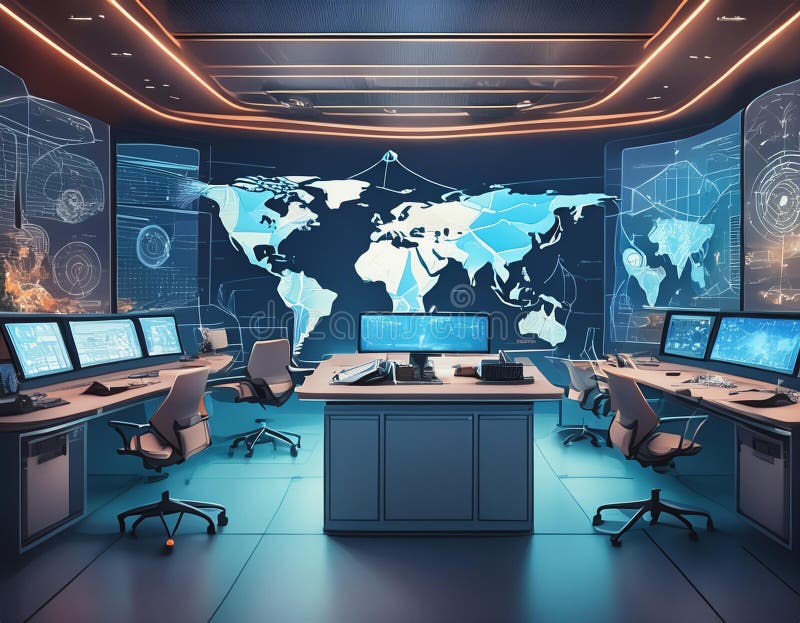 Advanced Command Center with Holograms and World Maps, Concept of High ...